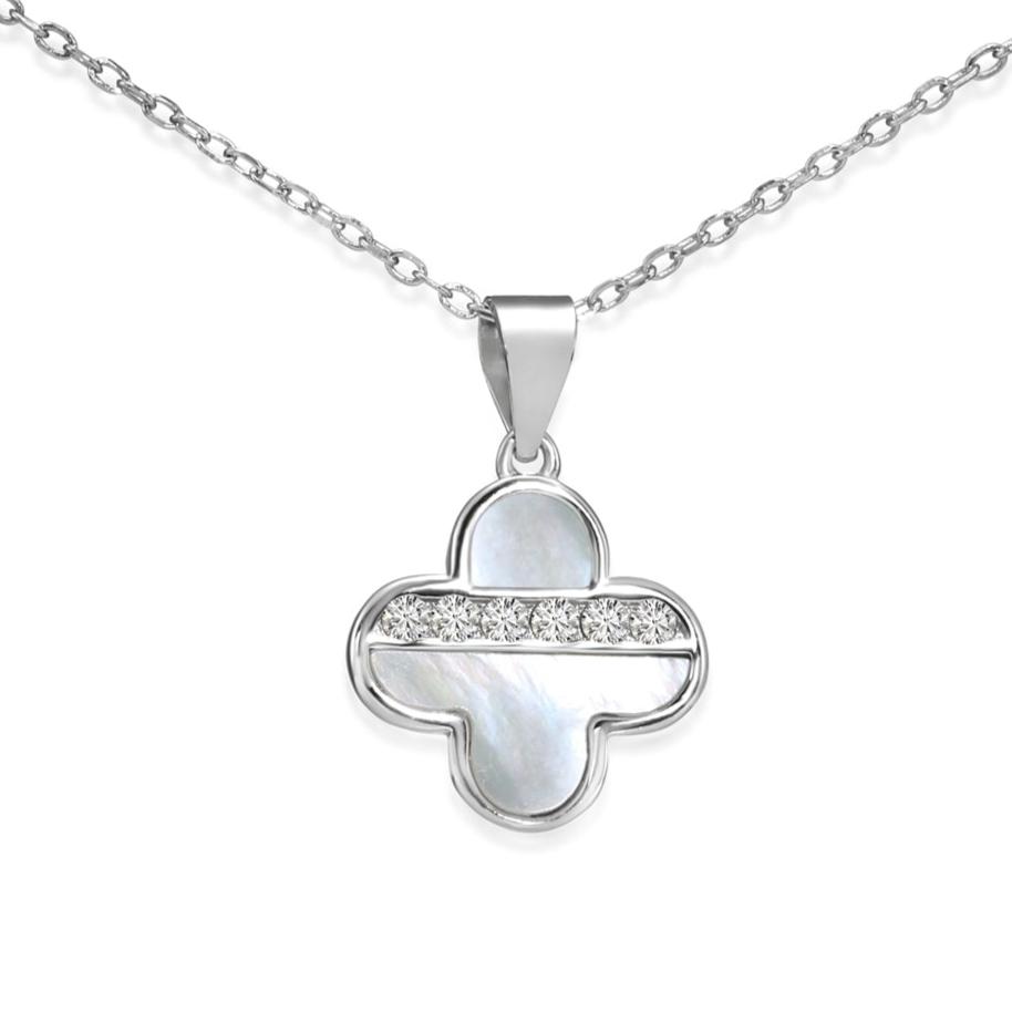925 Sterling Silver Four Leaf Clover Mother of Pearl Design with CZ Stones Adjustable Necklace 18 20