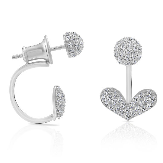 Tilo Jewelry CZ Heart Illusion Earrings Back Front Ear Jacket Style in Sterling Silver