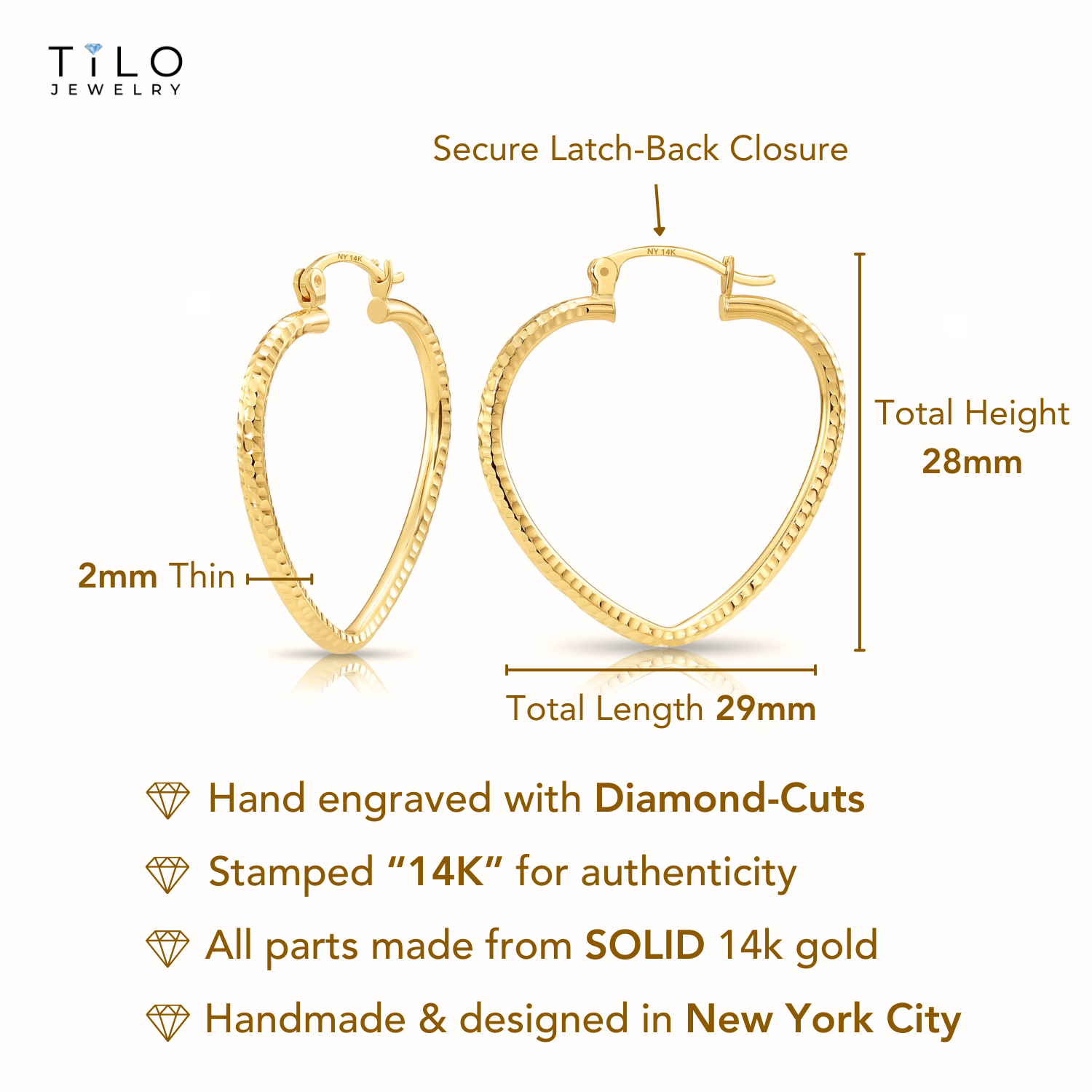 14k Yellow Gold Heart Hoop Earrings, Medium Hoops with Engravings, Dia ...